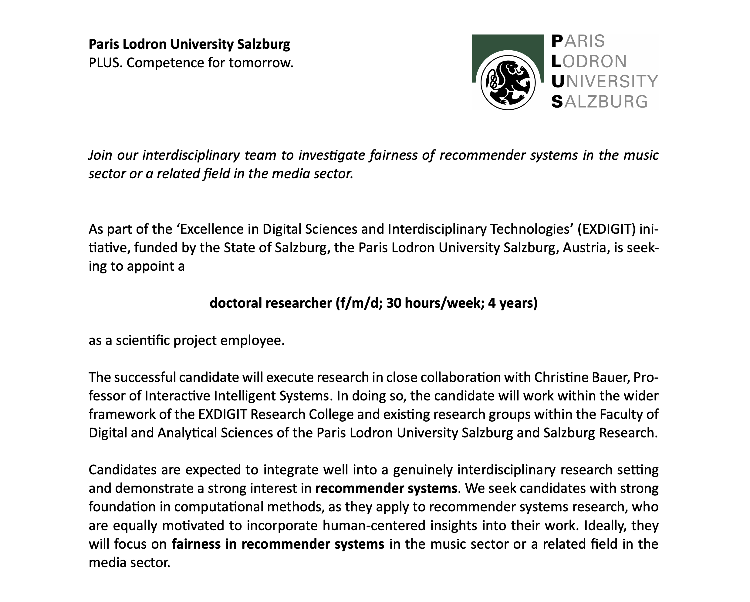 PhD position in my team in Salzburg (Austria) | Christine Bauer